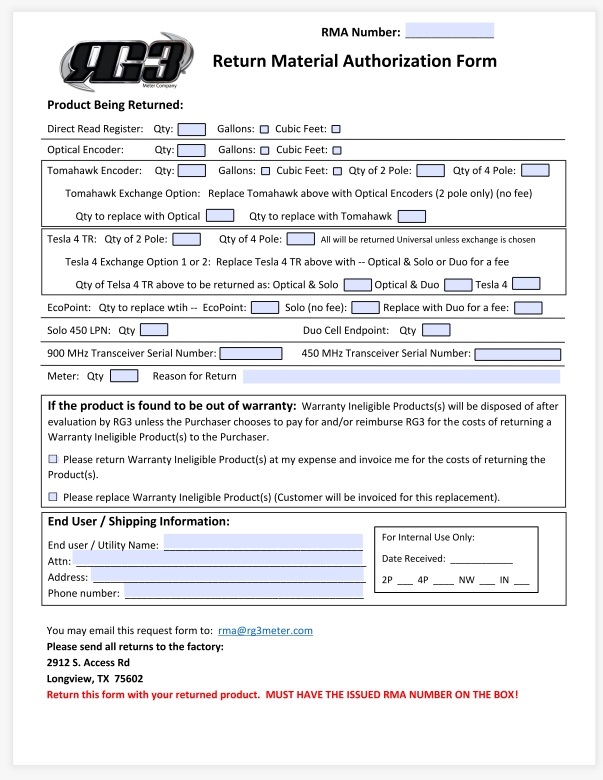 Support RMA Procedure | RG3 Meter